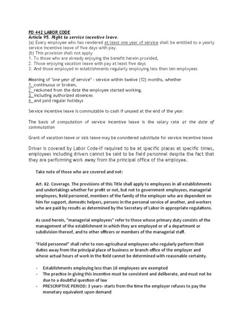 Pd 442 Labor Code Article 95 Right To Service Incentive Leave