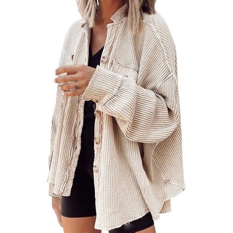 Eileial Womens Waffle Knit Shacket Oversized Button Down Shirt Jacket