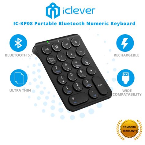 iclever ic kp08 numeric keypad bluetooth pantagraph with tab keys