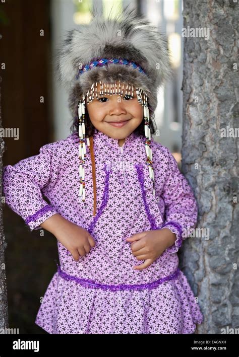 Eskimo Girl Wearing An Alaska Native Headdress And Kuspuk In Eagle