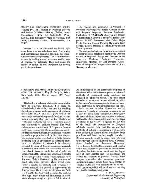 Numerical Meth Engineering October 1982 Warburton Structural Dynamics An Introduction To