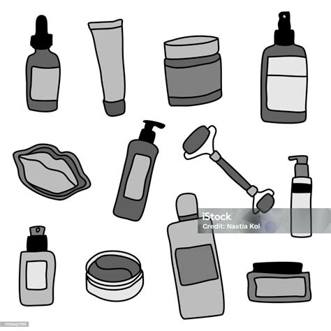 흑백 병 항아리 및 스킨 케어 제품이 있는 튜브 세트 흰색에 격리된 벡터 평면 그림 스케치 낙서 모형 유기농 크루얼티 프리 비건 케어 신체 치료 개념입니다 0명에 대한 스톡