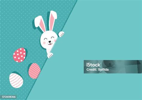 부활절 토끼와 계란 인사말 카드입니다 물방울 무늬 청록색 배경에 종이 토끼입니다 벡터 부활제에 대한 스톡 벡터 아트 및 기타