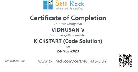 My Skill Rack Certificate On Kickstart Problems Vidhusan Varatharasan