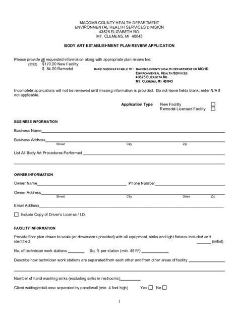 Fillable Online Health Macombgov 2022 Body Art Plan Review Application