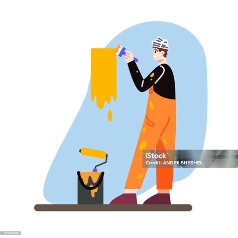 제복을 입은 젊은이가 붓과 페인트 벽을 들고 있다 집 내부를 다시 꾸미는 과정 개념에 대한 스톡 벡터 아트 및 기타 이미지
