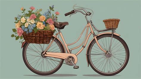 Vintage Bicycle With Basket Full Of Flowers On Blue Background Stock