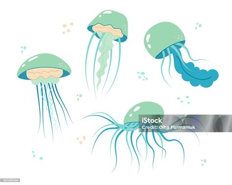 해파리 만화 같은 평면 장식 세트입니다 손으로 그린 유독 한 메두사 컬렉션 해양 해양 주민 간단한 해상 캐릭터 디자인 갑오징어