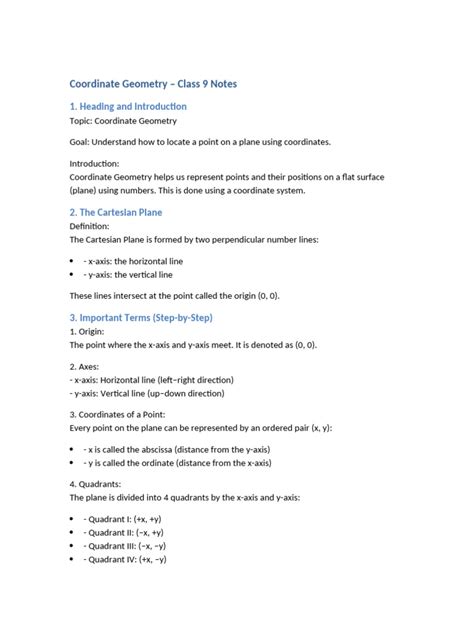 Class 9 Coordinate Geometry Notes Pdf