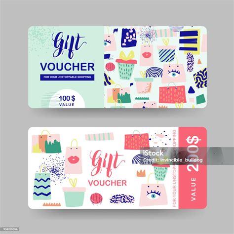 선물 바우처 서식 파일이입니다 쇼핑 가방 및 패션 요소와 쿠폰 인증 카드 할인 판매 프로 모션 배너 전단지 웹 디자인 벡터 일러스트 레이 션 가격에 대한 스톡 벡터 아트 및