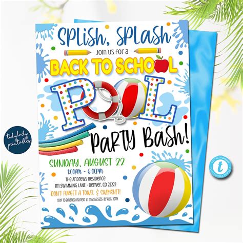 Back To School Pool Party Invitation End Of Summer Printable Digital