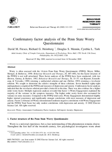 Pdf Confirmatory Factor Analysis Of The Penn State Worry Questionnaire