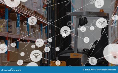 Animation Of Network Of Connections With Icons Over Warehouse Stock