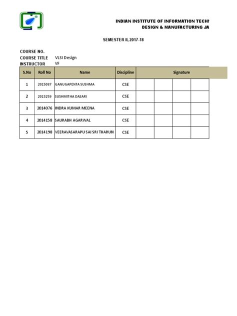 Vlsi Design Sno Roll No Name Discipline Signature Pdf
