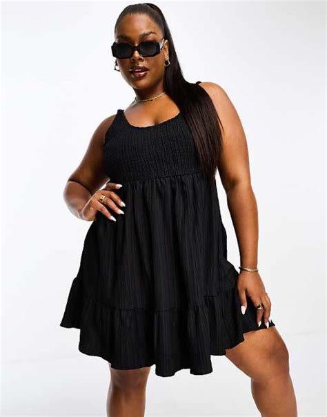 Asos Design Curve Scoop Neck Shirred Mini Sundress In Black Asos