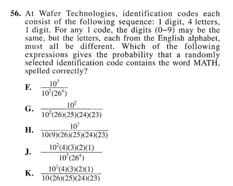 56. At Wafer Technologies, identification codes each consist of the following sequence: 1 digit ...