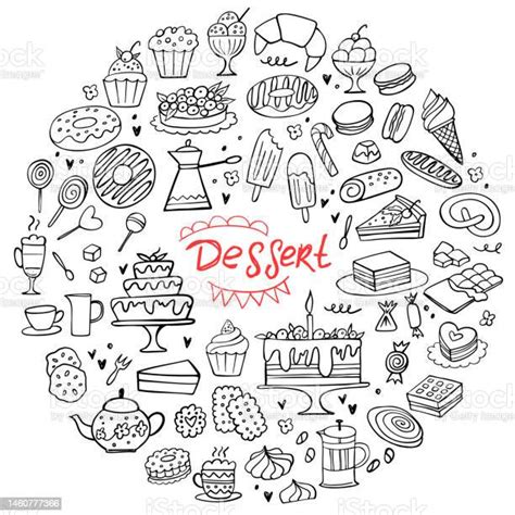 흰색에 낙서 과자 음식 세트 벡터 그림입니다 케이크 비스킷 베이킹 쿠키 패스트리 도넛 아이스크림 마카롱 커피 디저트 메뉴 또는 식품 패키지 디자인에 적합합니다 개념에 대한