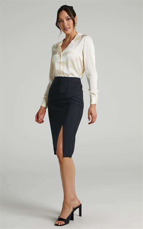 Ginna Front Slit Midi Pencil Skirt In Black Showpo
