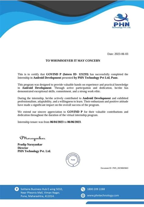 Internship Android Development Experience Govind P