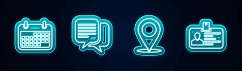 라인 캘린더 채팅 지도 핀 및 식별 배지를 설정합니다 빛나는 네온 아이콘입니다 벡터 Brand Name Online