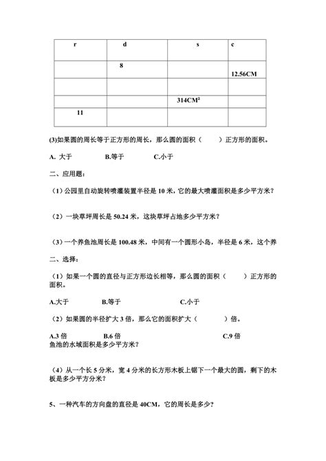 六年级圆的面积与周长练习题