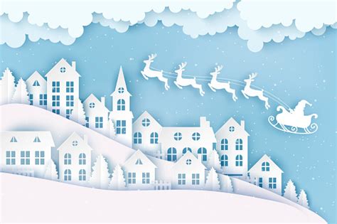 겨울 도시 시골 풍경 마을 귀여운 종이 집 소나무와 산타 Deers 하늘에 비행으로 메리 크리스마스와 새 해 종이 예술 배경