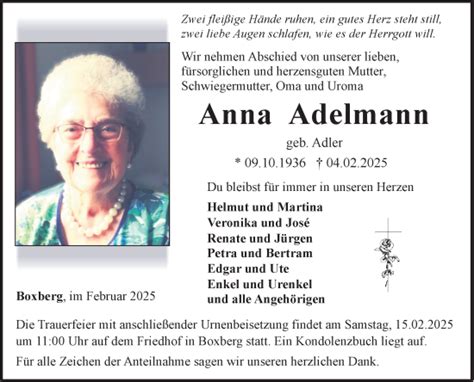 Traueranzeigen Von Anna Adelmann Trauerportal Ihrer Tageszeitung