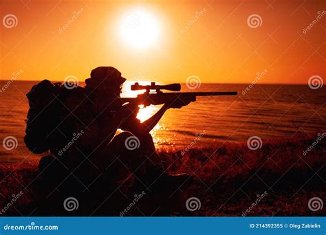 Commando Sniper Aiming Shooting Rifle On Seacoast Stock Image Image Of Commando Force