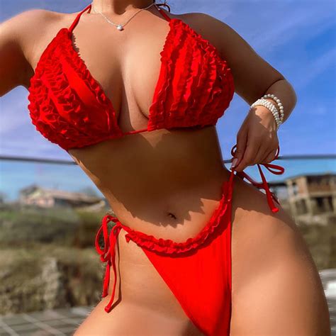 Sexy Layered Ruffle Tie String Cheeky Triangle Brazilian Two Piece Bik