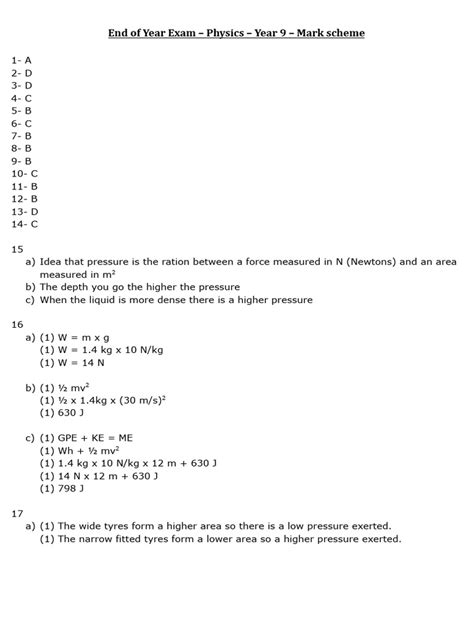 End Of Year Exam Physics Year 9 Mark Scheme Pdf