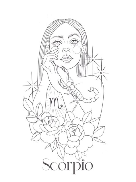 Fineline Scorpio Zodiac Goddess Wall Art In 2025 Flower Drawing