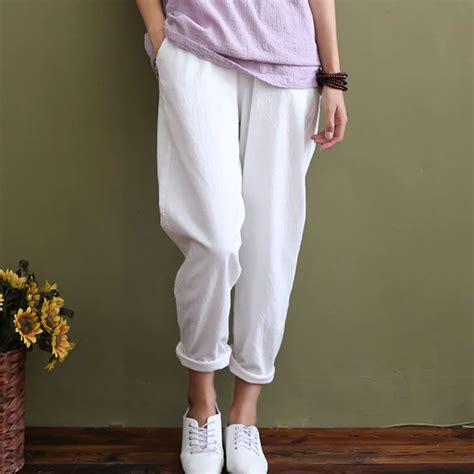 Solid Elastic Waist Linen Cotton White Women Pants Loose Casual Summer