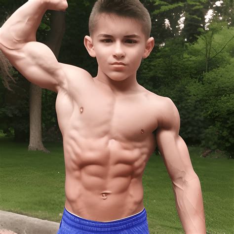 Muscular Shirtless 13 Year Old Boy Flexing His Defined Muscles