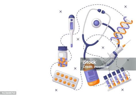 ความเป็นมาด้วยรายการทางการแพทย์และการดูแลสุขภาพ อุปกรณ์สําหรับร้านขายยาและโรงพยาบาล ภาพประกอบ