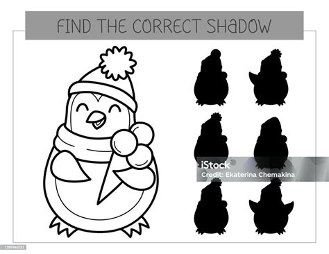 아이스크림을 곁들인 펭귄과 함께 올바른 그림자 색칠 공부를 찾으십시오 아이들을 위한 색칠 공부 페이지 교육 게임 귀여운 만화