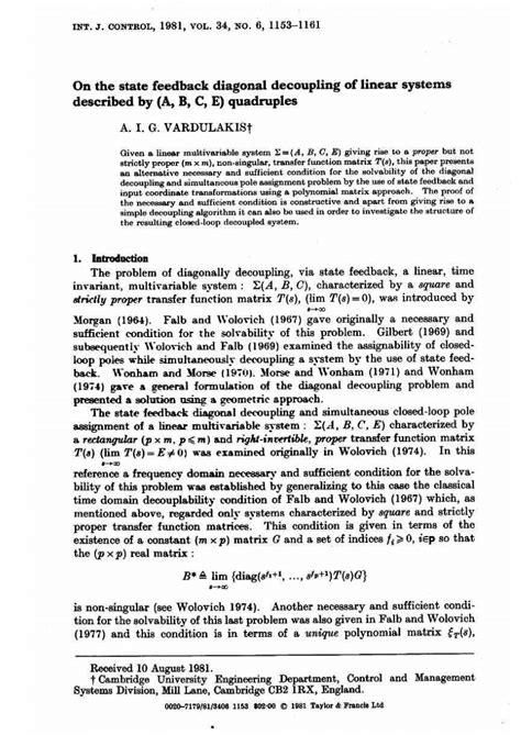 Pdf On The State Feedback Diagonal Decoupling Of Linear Systems