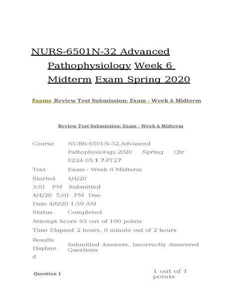 NURS 6501N 32 Advanced Pathophysiology Week 6 Midterm Exam Spring 2020