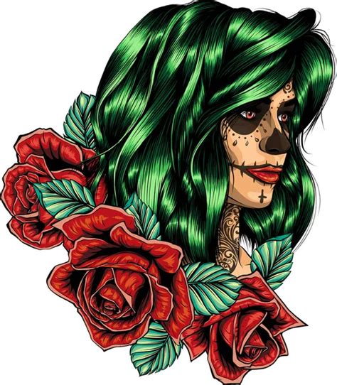 Illustration Head Skull Girl With Roses Around Stock Vector By