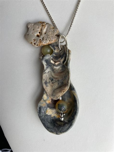 Sea Shell Pendant Necklace Ocean Shells Clustered With Honey Opal