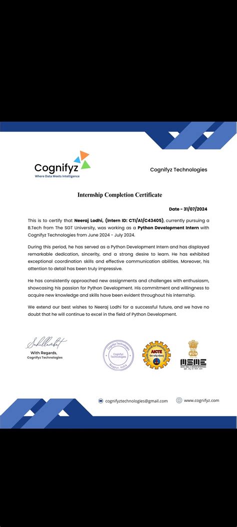 Neeraj Lodhi On Linkedin Internship Learning Growth Cognifyz