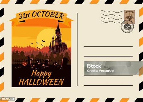 행복 한 할로윈 엽서 초대 우표 배경 디자인 다크 캐슬 템플릿입니다 벡터 격리 배너 포스터 10월에 대한 스톡 벡터 아트 및 기타 이미지 Istock