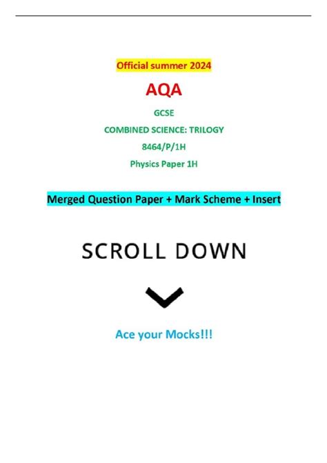 Official Summer 2024 Aqa Gcse Combined Science Trilogy 8464 P 1h Physics Paper 1h Merged