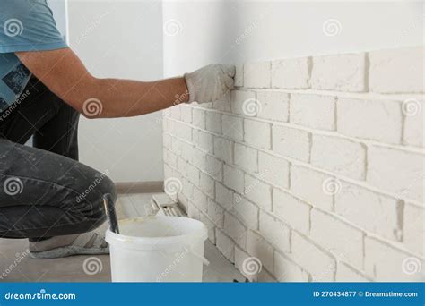 Worker Installing Decorative Wall Tiles In Room Closeup Stock Image Image Of Renewal