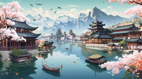 中国建筑彩色风景插画图片 千库网