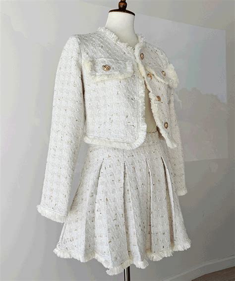 🚚 내일 발송 투피스 세트 가격 ️ 뮤트 노카라 버튼 업 세미 크롭 코튼 트위드 자켓 And A라인 플리츠 미니 스커트 치마 세트 셋업 연말룩 And 하객룩 And 파티룩