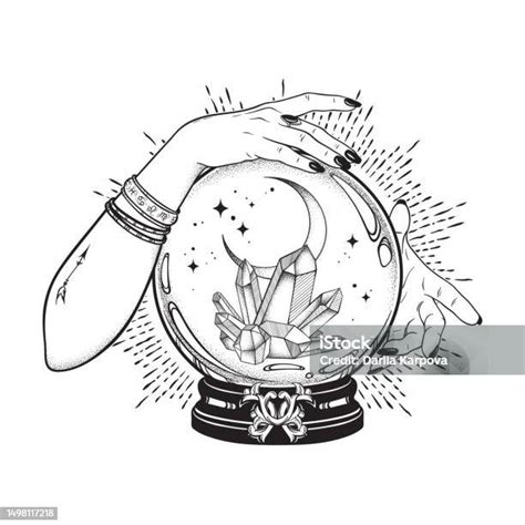 보석과 초승달이 있는 손으로 그린 마법의 수정 구슬은 점쟁이 라인 아트와 도트 작업의 손에 있습니다 보헤미안 세련된 문신 포스터 태피스트리 또는 제단 베일 프린트 디자인