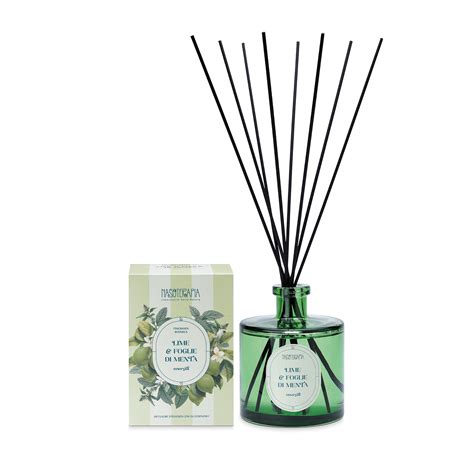 DIFFUSORE CON BASTONCINI LIME E FOGLIE DI MENTA Ml NASOTERAPIA Il Magico Giardino