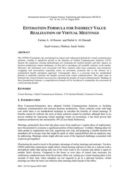 Estimation Formula For Indirect Value Realization Of Virtual Meetings Pdf