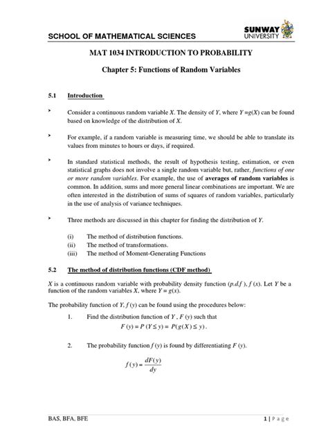 Chapter 5 Functions Of Random Variables Pdf