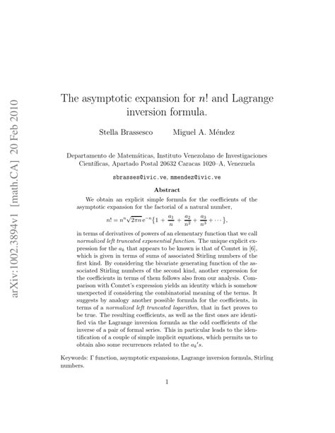 Pdf The Asymptotic Expansion For The Factorial And Lagrange Inversion Formula